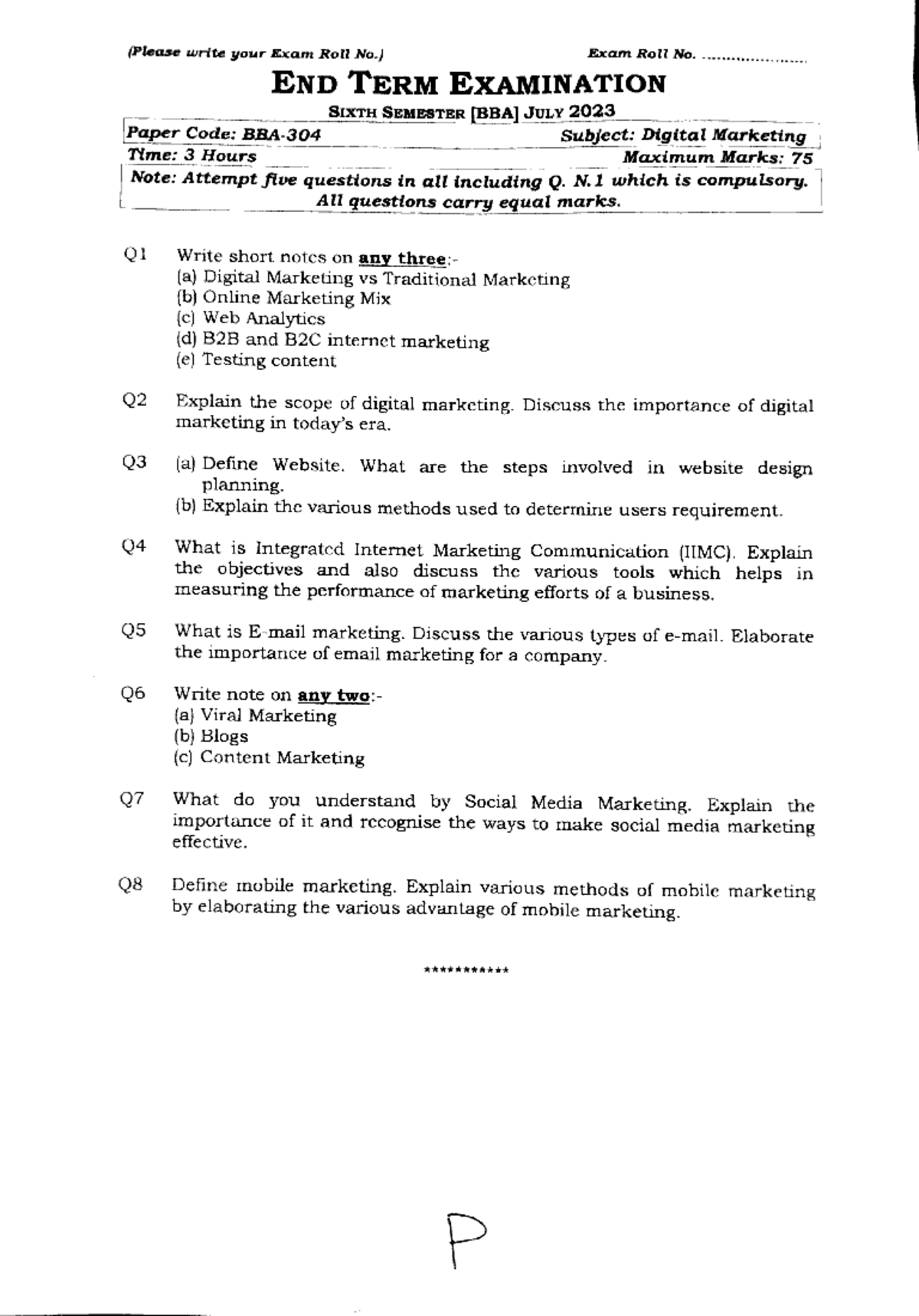 BBA 6th Sem Digital Marketing 2023 End-Term Exam Question Paper - Studocu