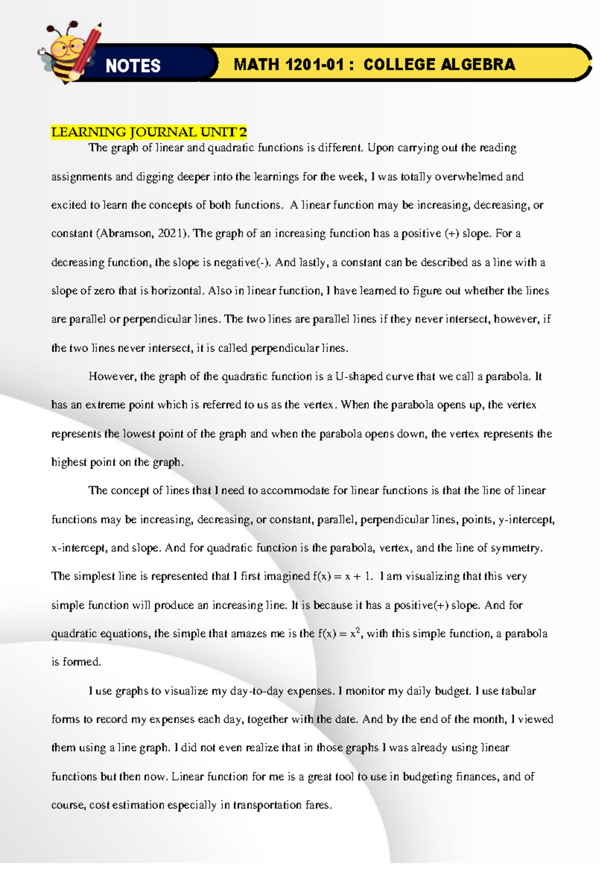 MATH 1201-01-Learning Journal Unit 2 - NOTES MATH 1201-01 : COLLEGE ...