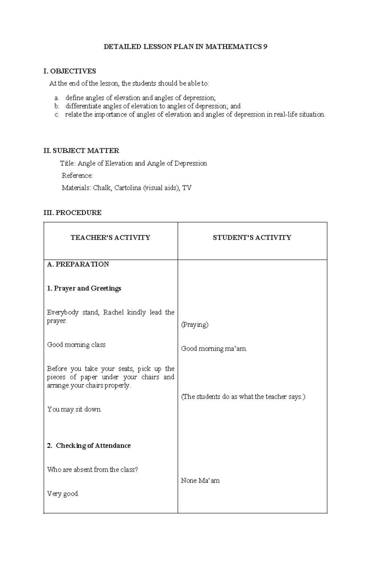 Mathematics 9 Final - Lesson Plan on Angles of Elevation & Depression ...
