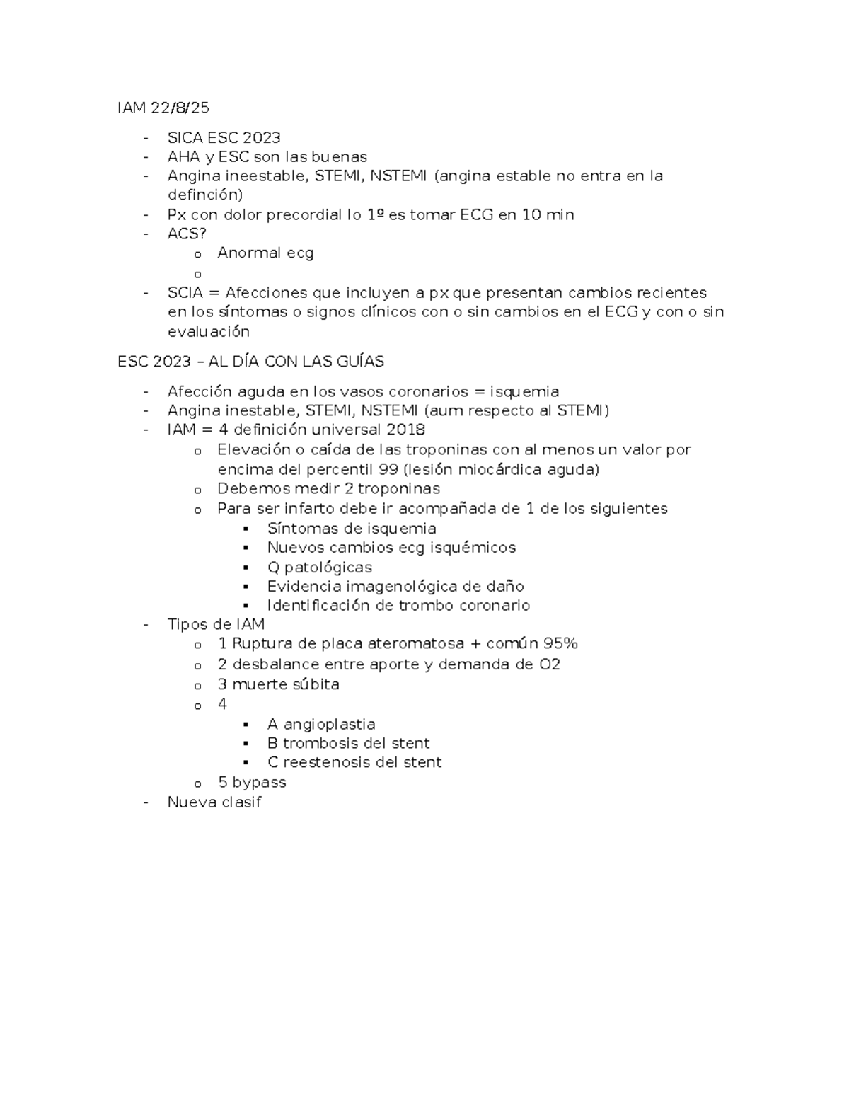 IAM SICA ESC 2023: Resumen sobre Angina Inestable, STEMI y NSTEMI - Studocu