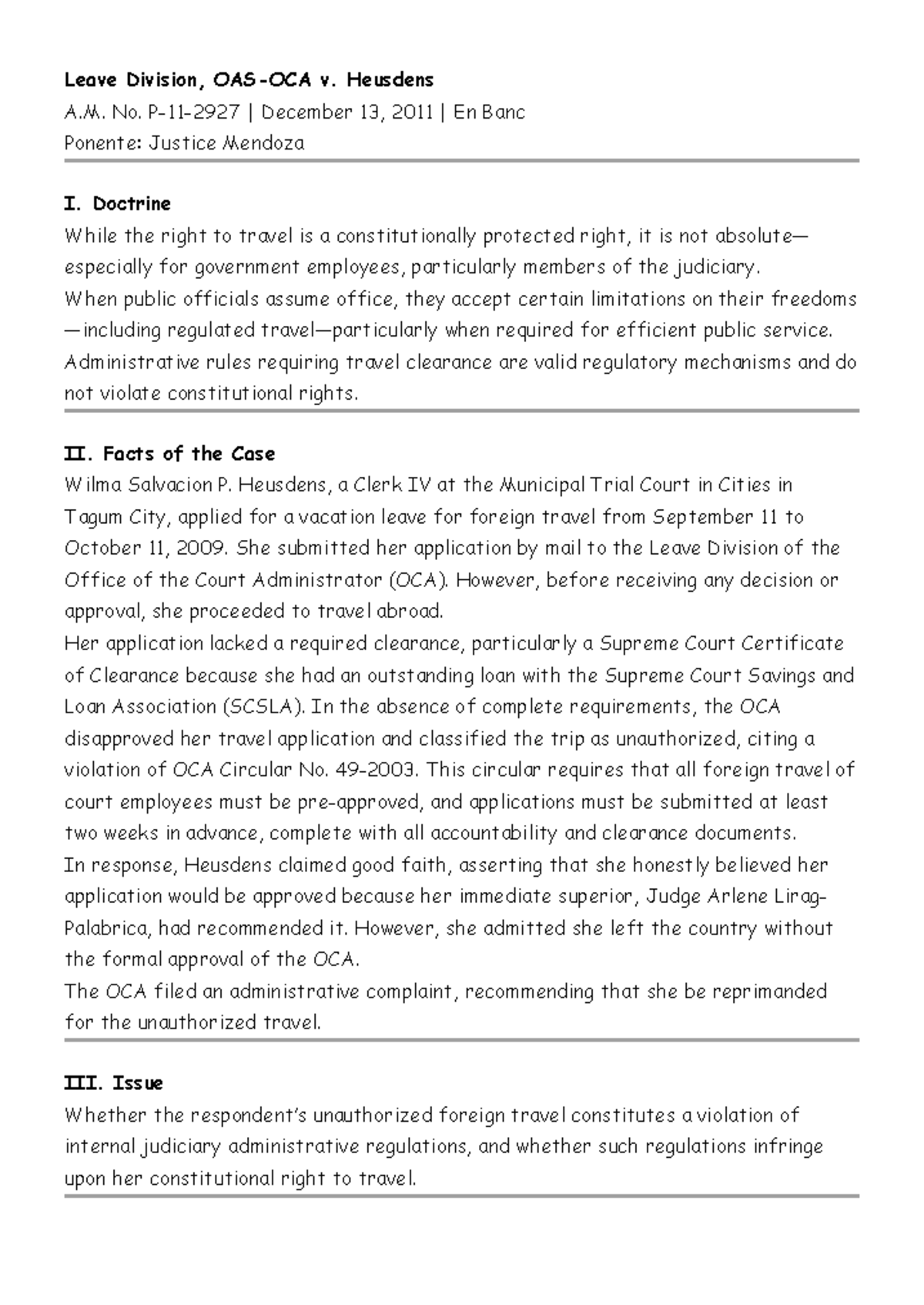 CD Leave Division, OAS-OCA v. Heusdens: Unauthorized Travel Case ...