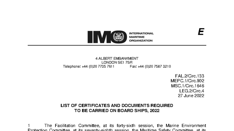 FAL.2-Circ.133 - List Of Certificates And Documents Required To Be ...