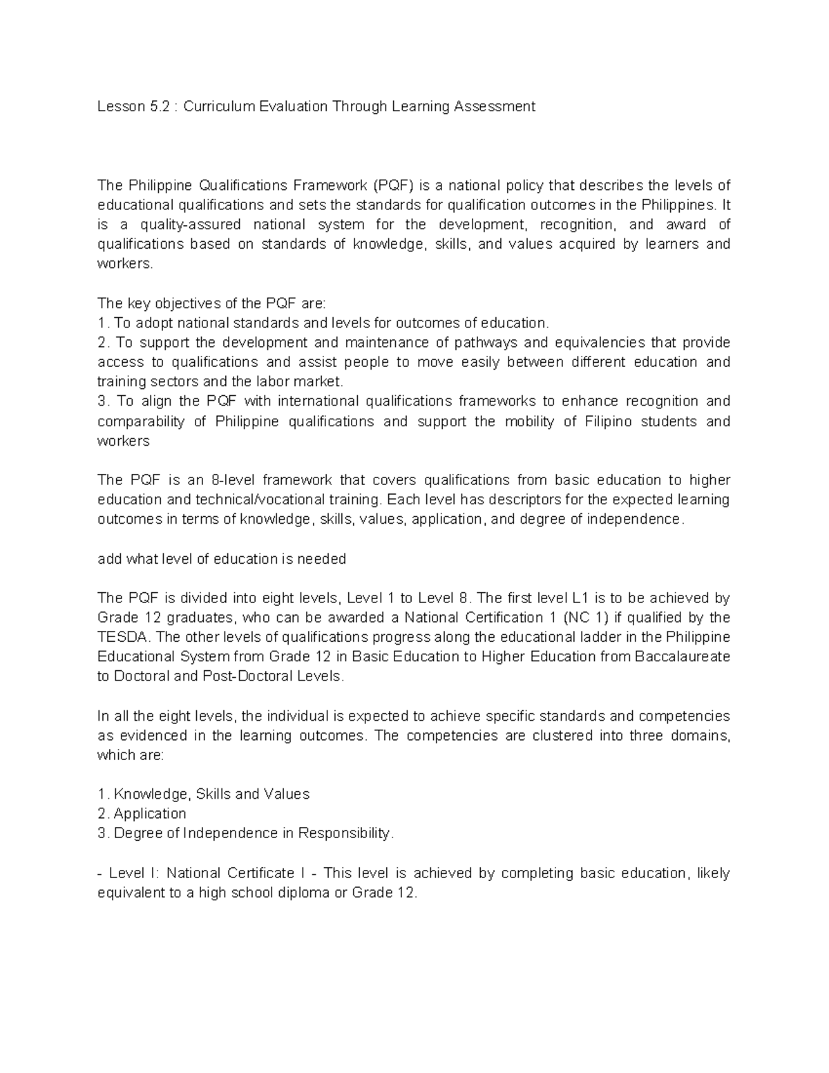 PQF-KPUP Lesson 5.2: Curriculum Evaluation Through Assessment - Studocu
