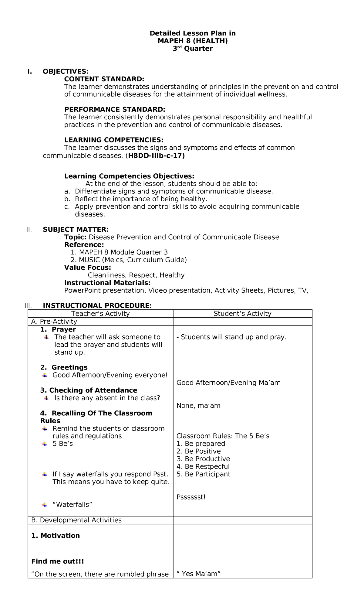 Lesson Plan: MAPEH 8 Health 3rd Quarter on Disease Prevention - Studocu