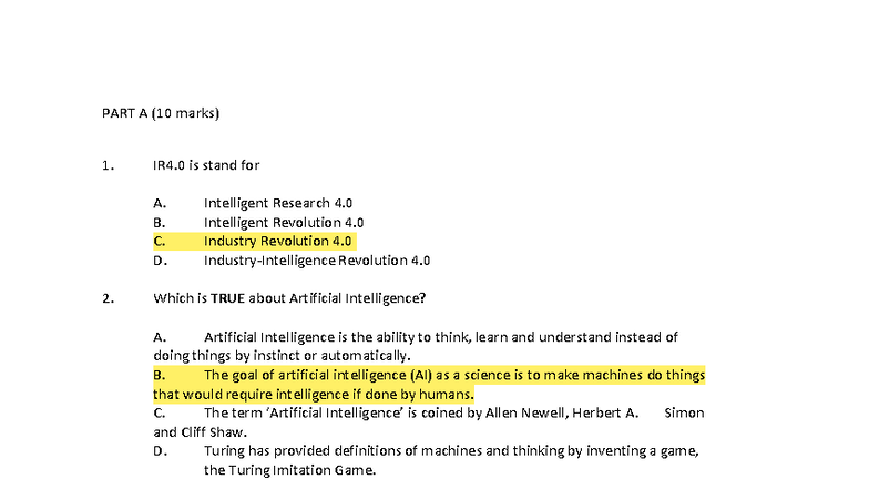 CSC583 Test 1 - Part A: AI Concepts & Turing Imitation Game - Studocu