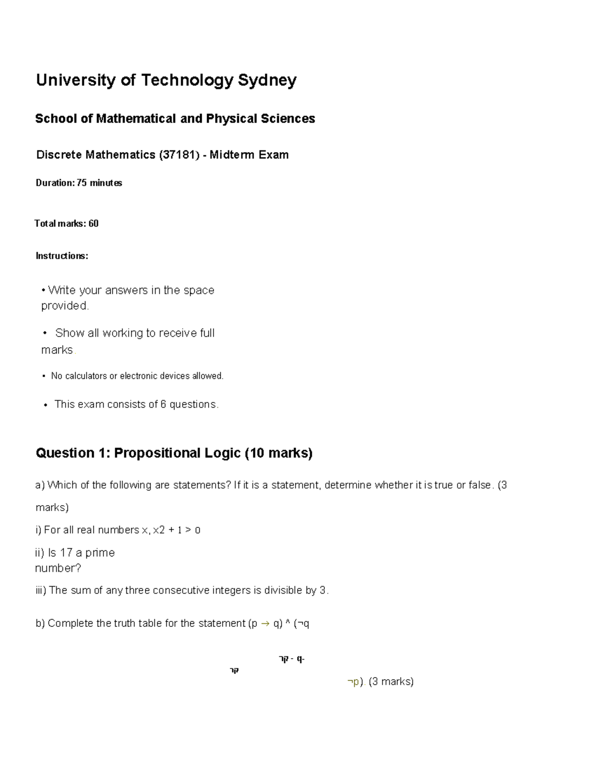 Discrete Mathematics (37181) Midterm Exam Practice Questions - Studocu