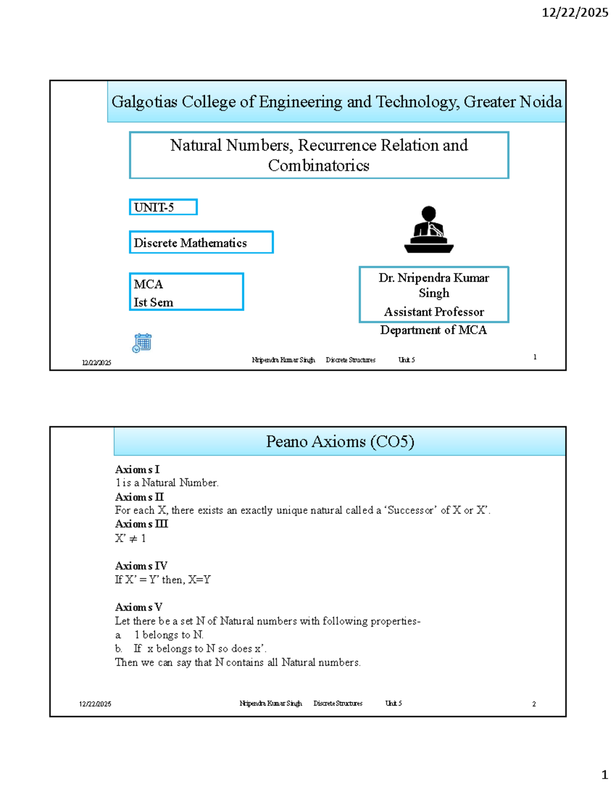 DM MCA 1st Sem Unit 5 Notes: Natural Numbers & Recurrence Relations ...