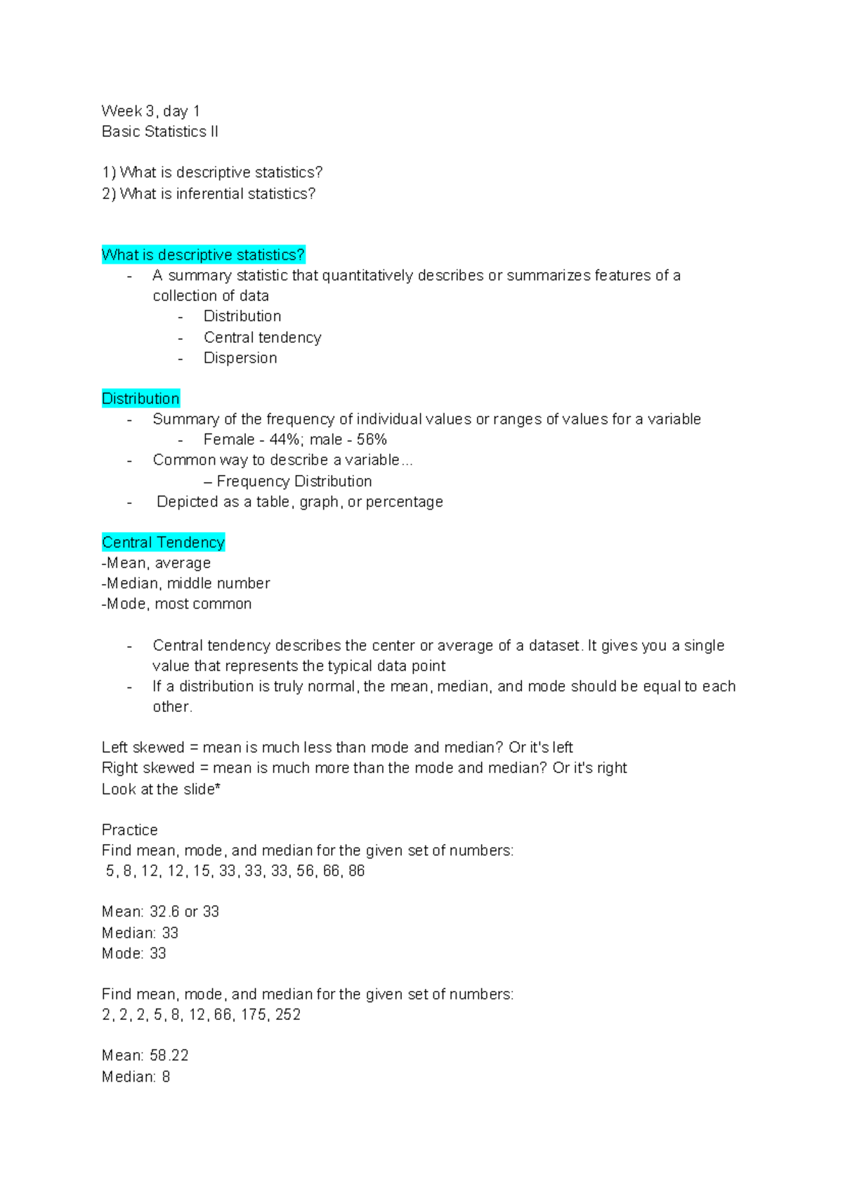 Basic Statistics II Lecture Notes: Descriptive & Inferential Stats ...