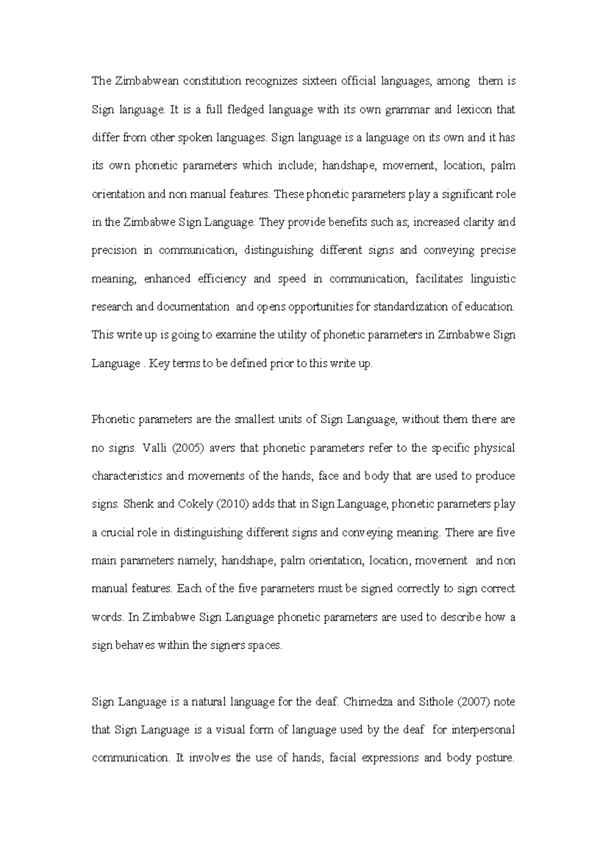 Examining Phonetic Parameters in Zimbabwe Sign Language (ZSL) - Studocu