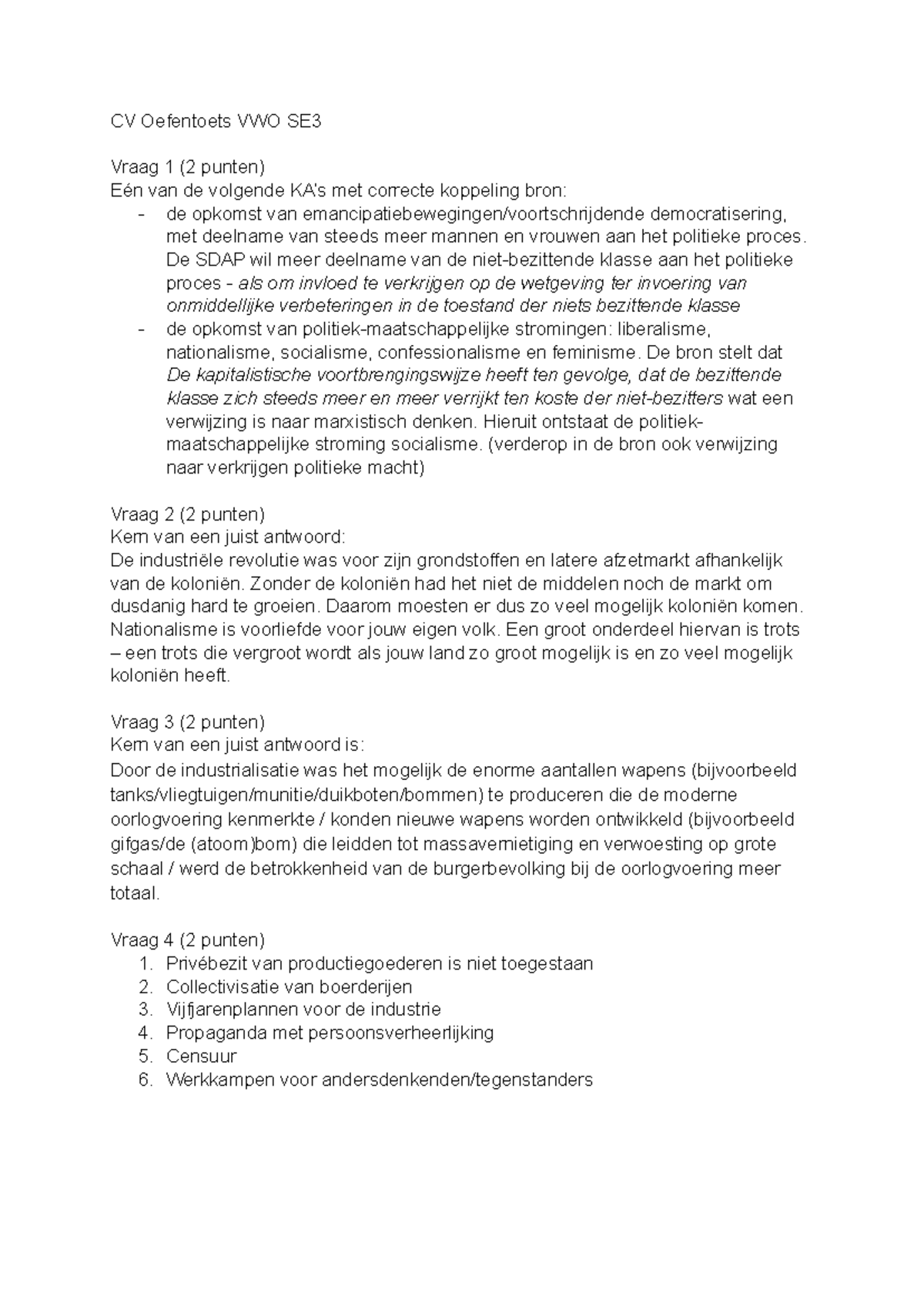 Oefentoets CV VWO SE3: Democratisering en Ideologieën - Studeersnel