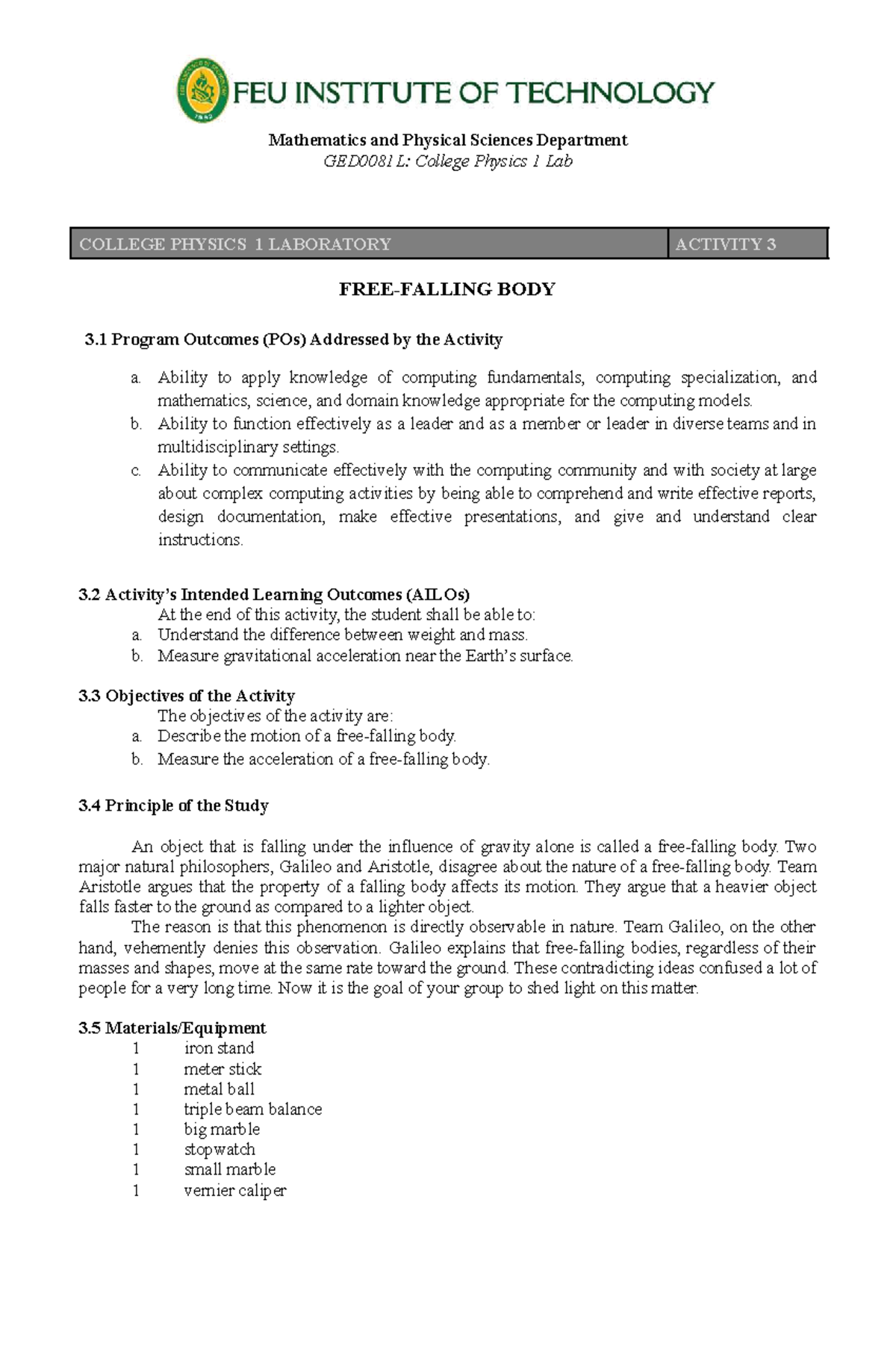 GED0081L: College Physics 1 Lab - E3 Free-Fall Experiment Analysis ...