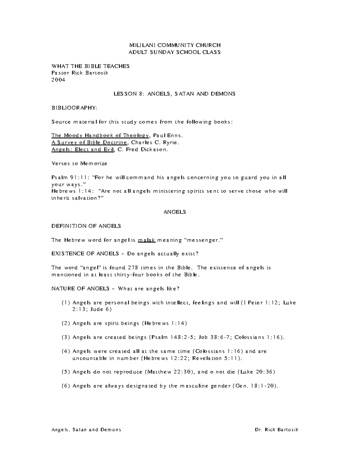 MILILANI COMMUNITY CHURCH ADULT SUNDAY SCHOOL LESSON 8: ANGELS, SATAN ...