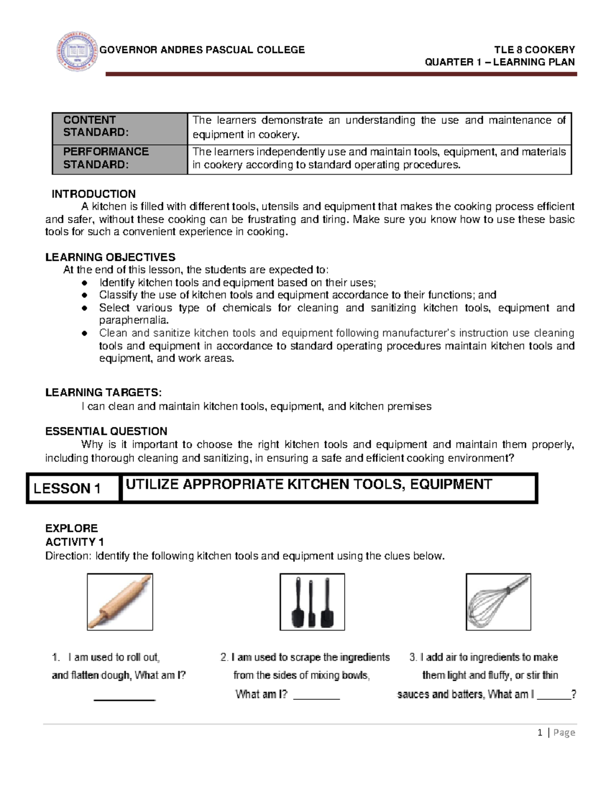 Grade 8 Cookery Lesson 1: Kitchen Tools & Equipment Overview - Studocu