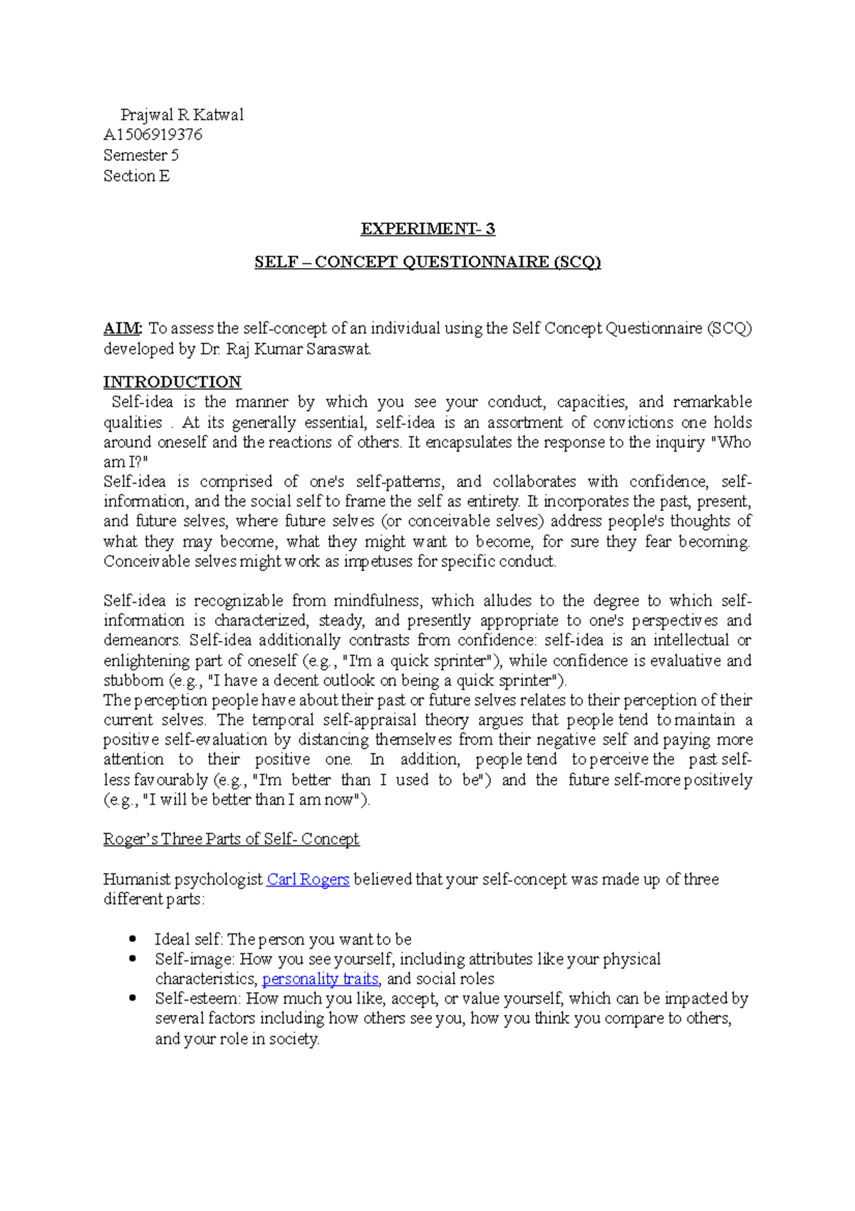 Self-Concept Questionnaire Study for Semester 5, Section E - Studocu