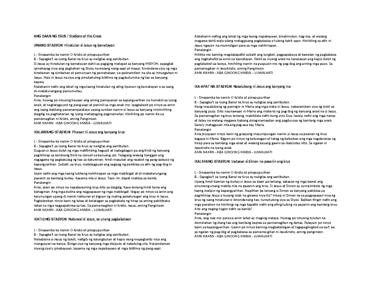 Daan ng Krus: Mga Istasyon at Panalangin - Kasama si Jesus - Studocu