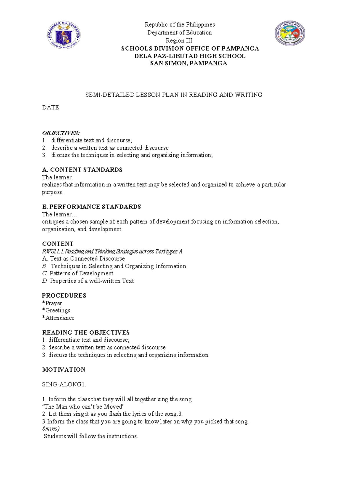 Reading AND Writing Lesson PLAN week1 - Republic of the Philippines ...