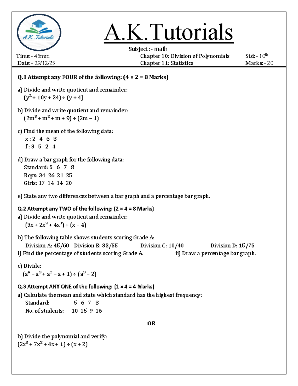 Class 8 Maths Unit Test PYQ: Division of Polynomials & Statistics - Studocu