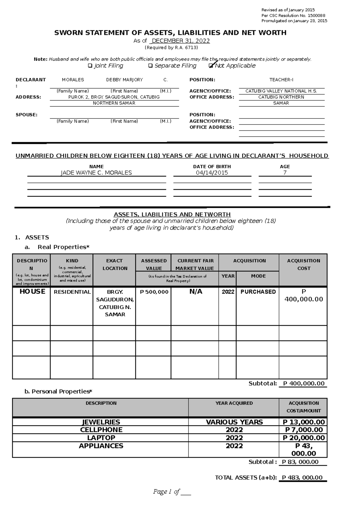 2015 SALN Form - example of saln - Revised as of January 2015 Per CSC ...