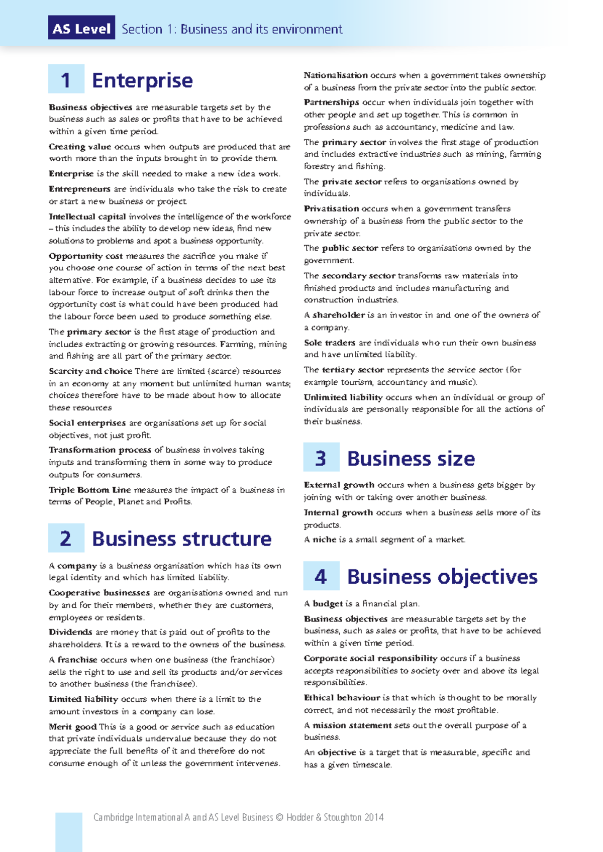 AS Level Business Section 1: Key Terms and Concepts Overview - Studocu