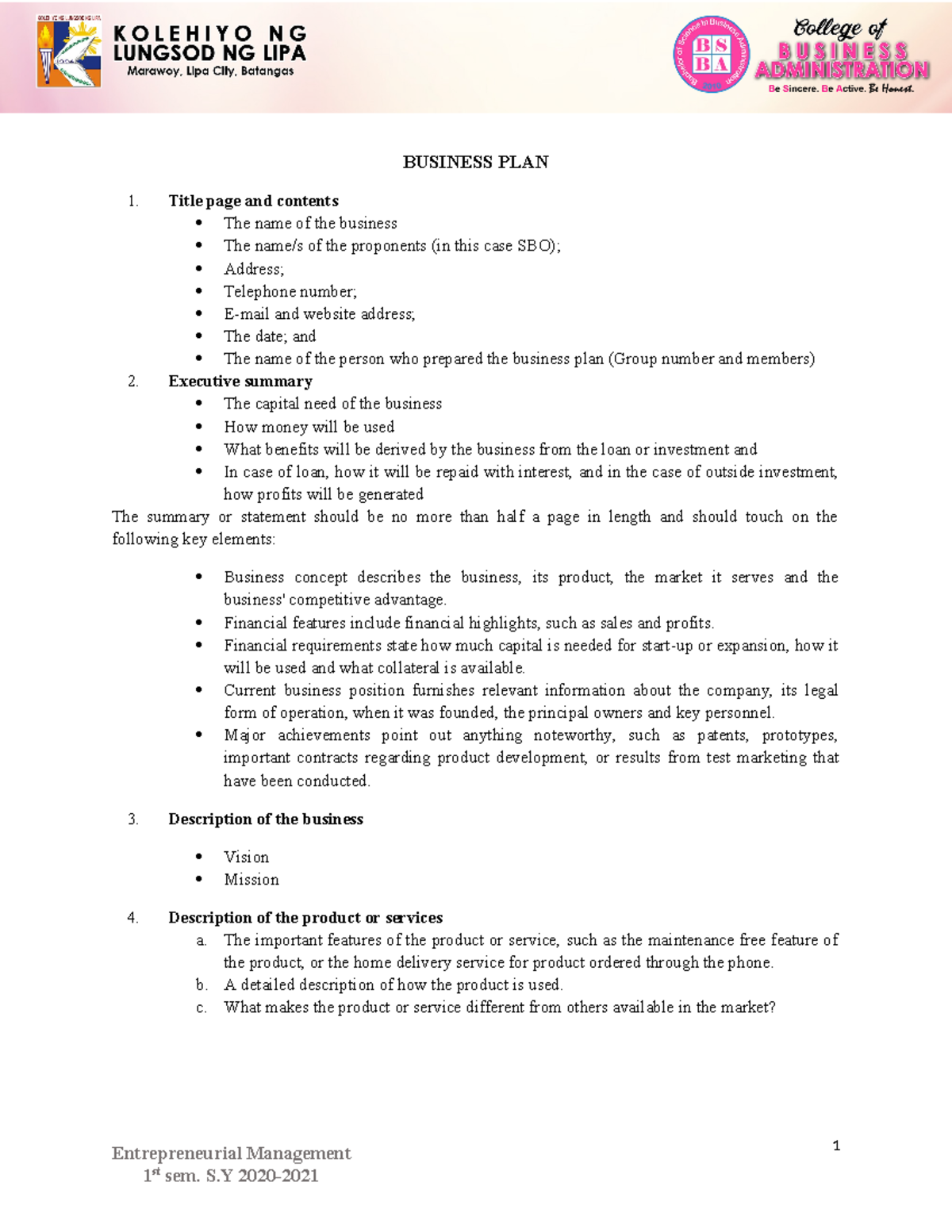 Business-PLAN- Format - Entrepreneurial Management 1 st sem. S 2020 ...