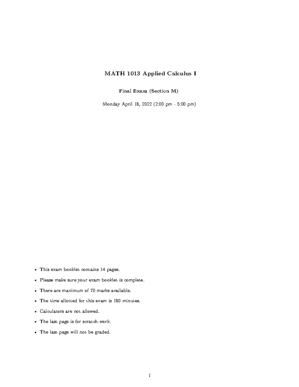 MATH 1013 Applied Calculus I Final Exam W2022 (Section M) - Studocu
