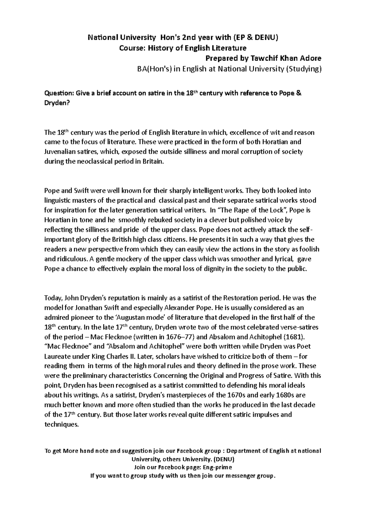 Handnote of literature - National University Hon's 2nd year with (EP & DENU) Course: History of ...