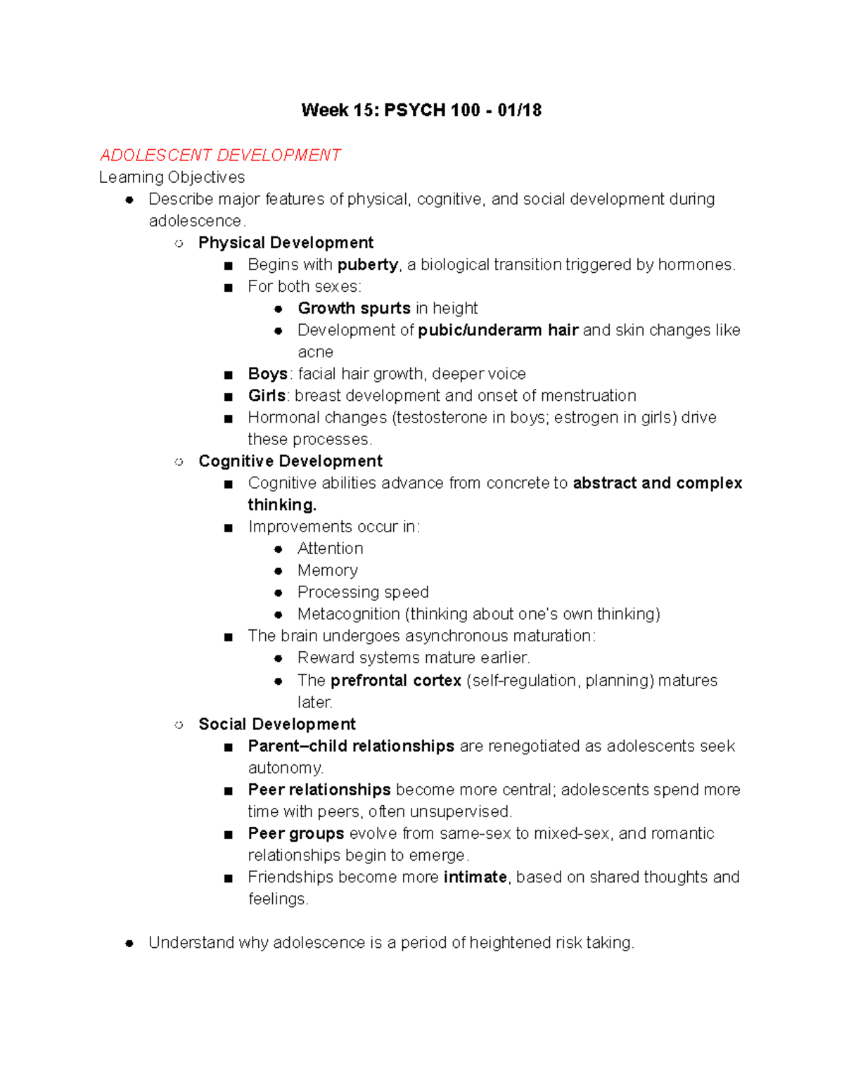 Week 15: PSYCH 100 ADOLESCENT DEVELOPMENT Overview and Key Concepts ...
