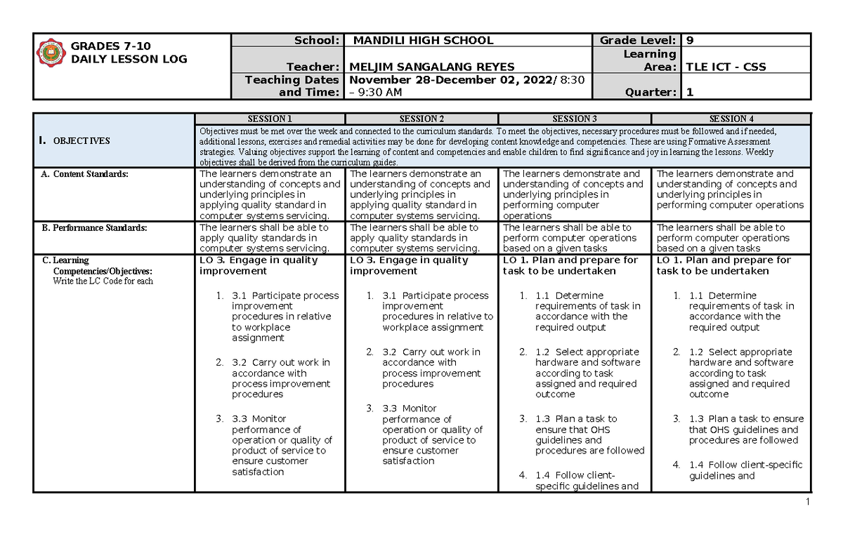 DLL Grade 9 ICT-CSS Week 5 Lesson Log and Teaching Objectives - Studocu