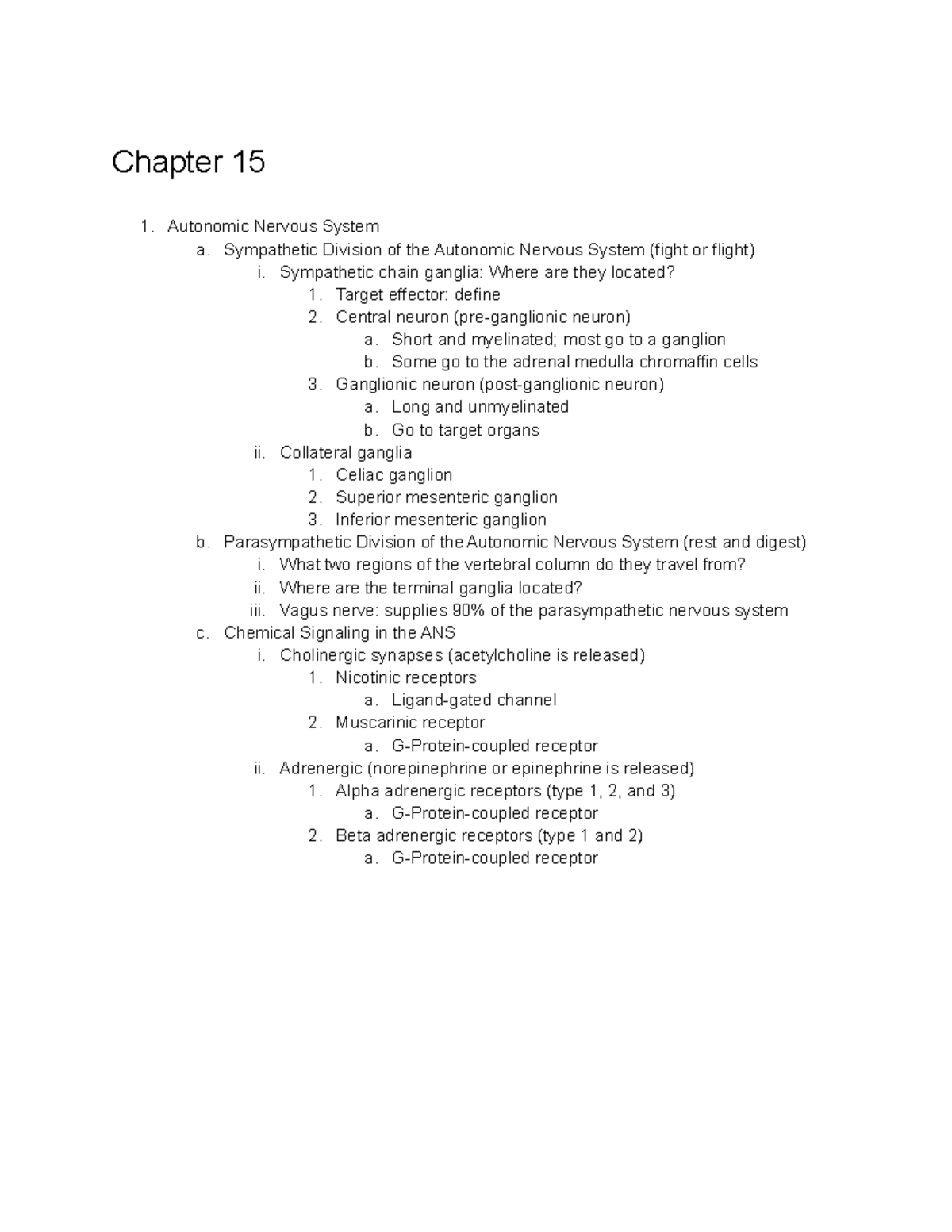 Chapter 15 - Autonomic Nervous System Notes for Quizlet Review - Studocu