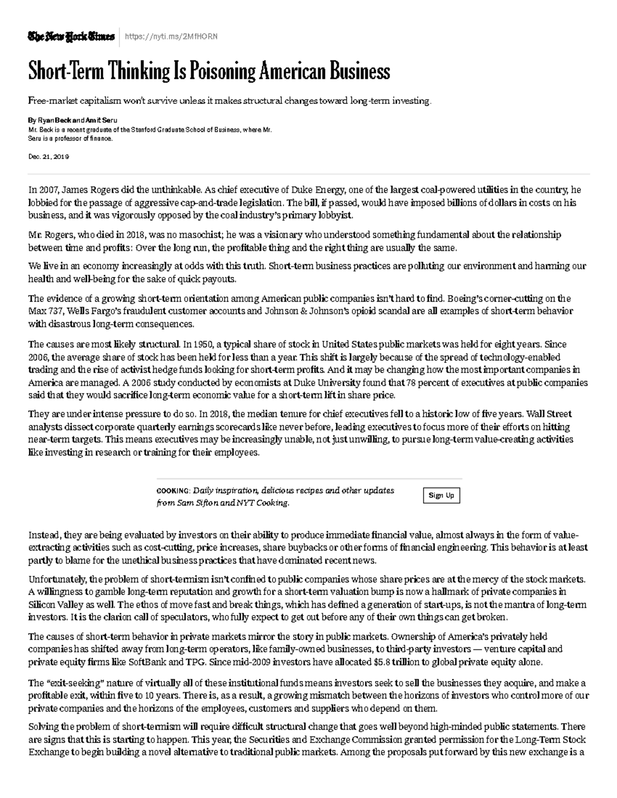 Short-Term Thinking Is Poisoning American Business - NYT '19 - Studocu