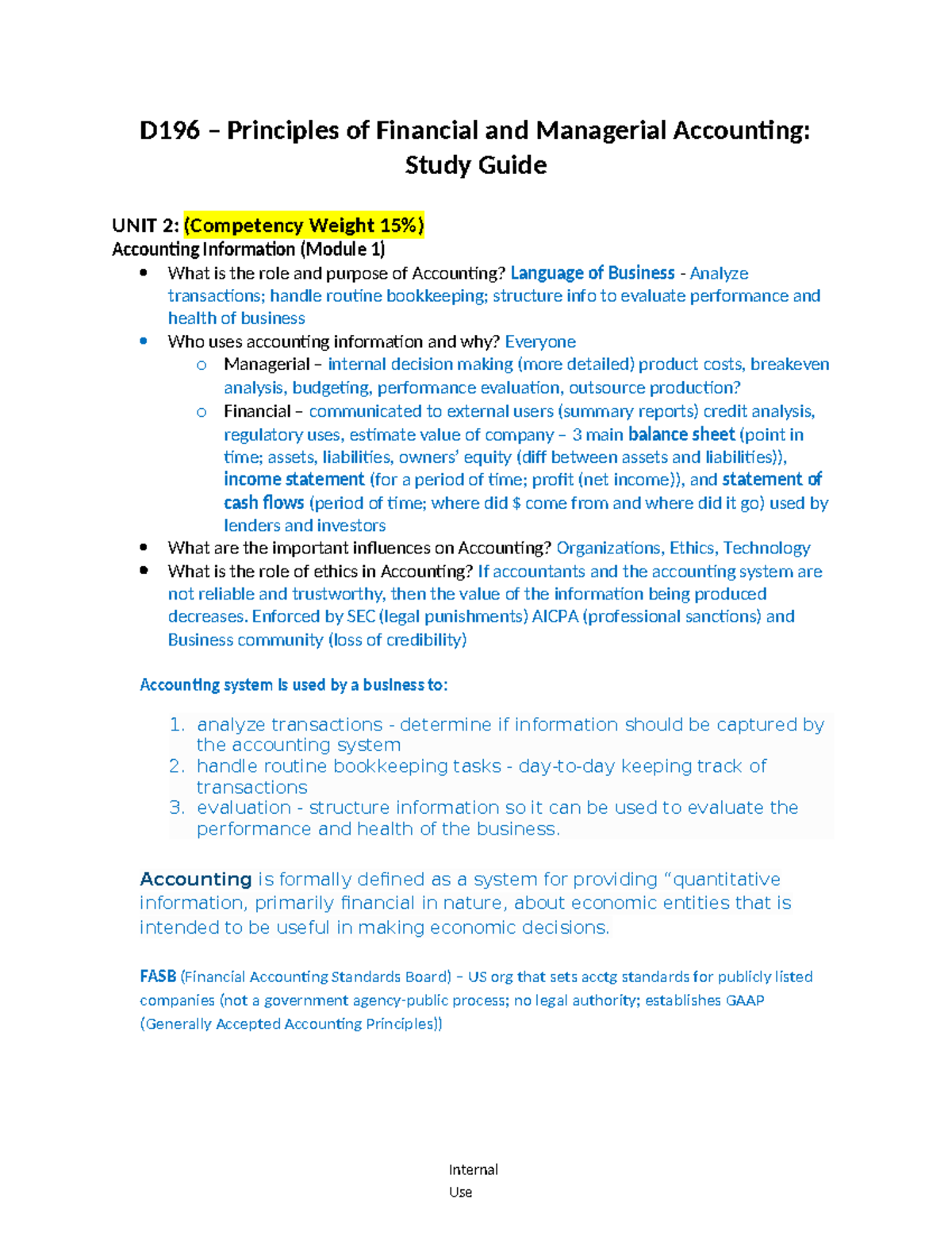 D196 Study Guide - Internal D196 – Principles of Financial and ...