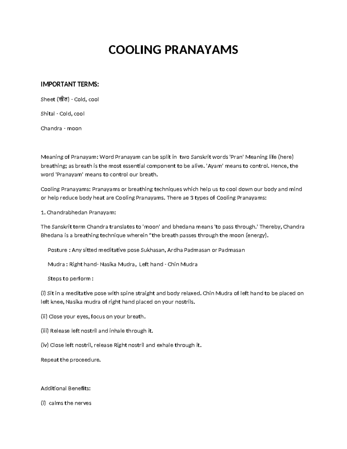 Cooling Pranayams - Important Techniques and Benefits - Studocu