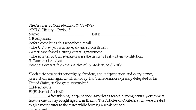 Articles of Confederation APUSH Worksheet Analysis and Insights - Studocu