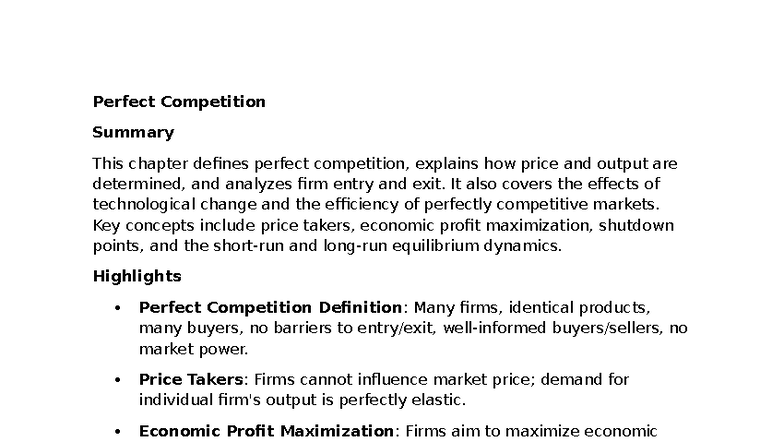 Microeconomics Chapter 11: Summary of Perfect Competition - Studocu
