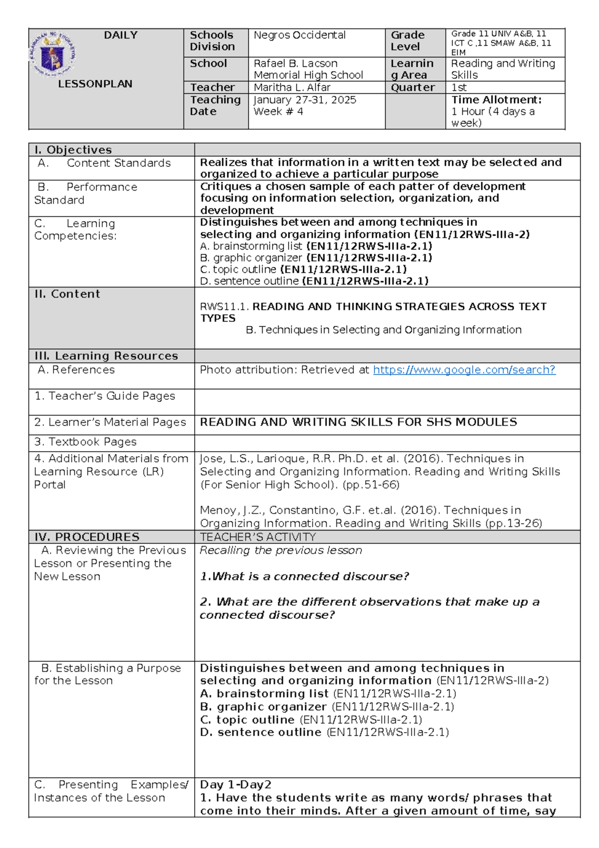 Rw W4 Reading And Writing Daily Lessonplan Schools Division Negros