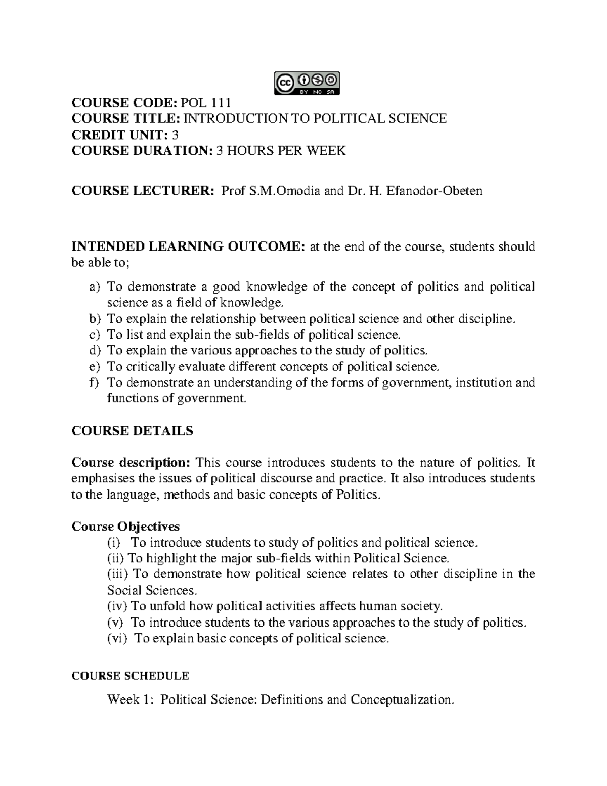 Introduction to political science - COURSE CODE: POL 111 COURSE TITLE ...