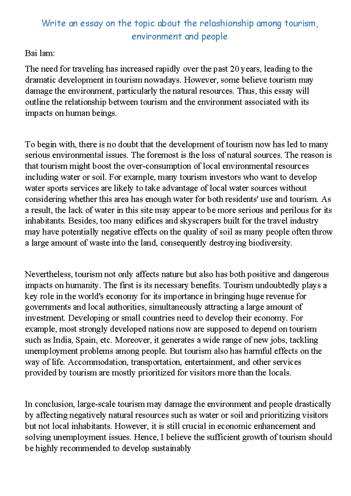 Tourism, Environment & People: An Essay on Their Interconnection - Studocu