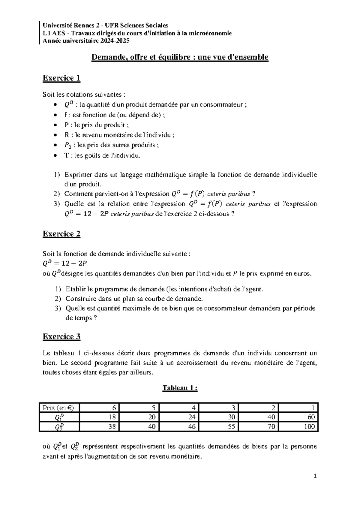 TD 1-2 Demande, offre et équilibre - L1 AES - Travaux dirigés du cours ...
