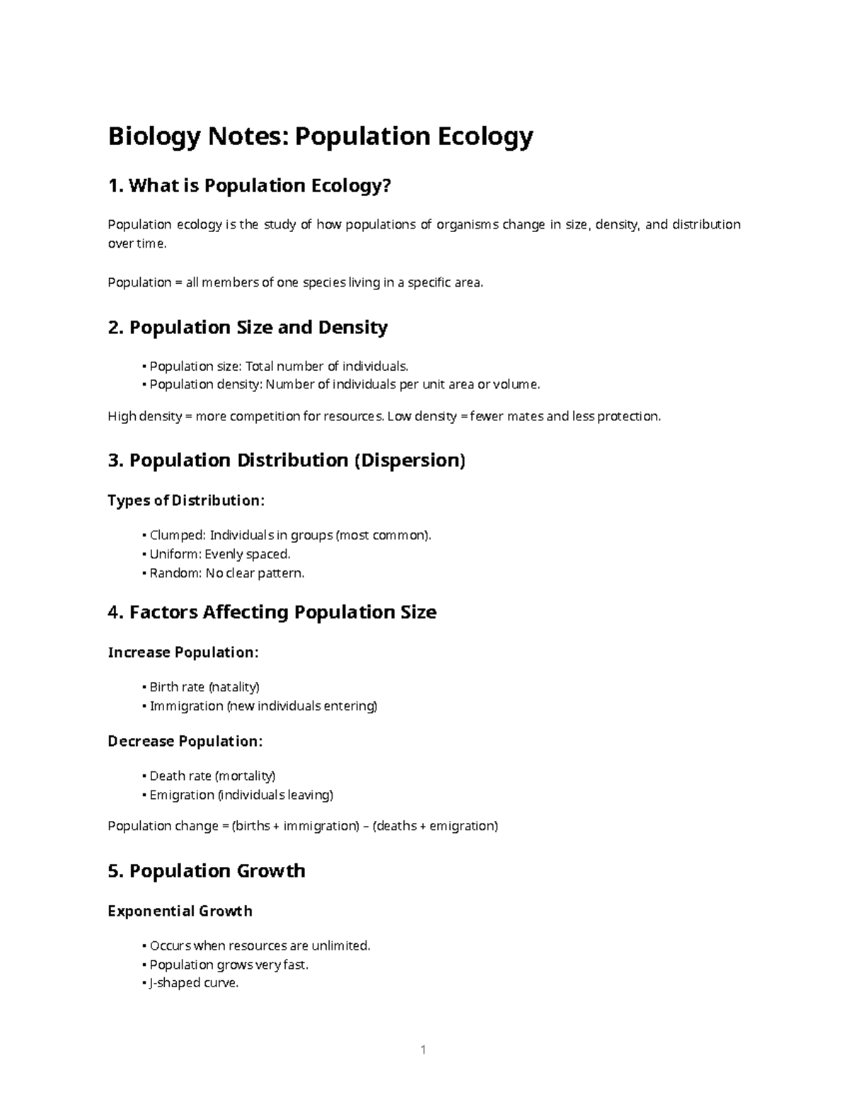 Biology 101: Population Ecology Notes and Key Concepts - Studocu
