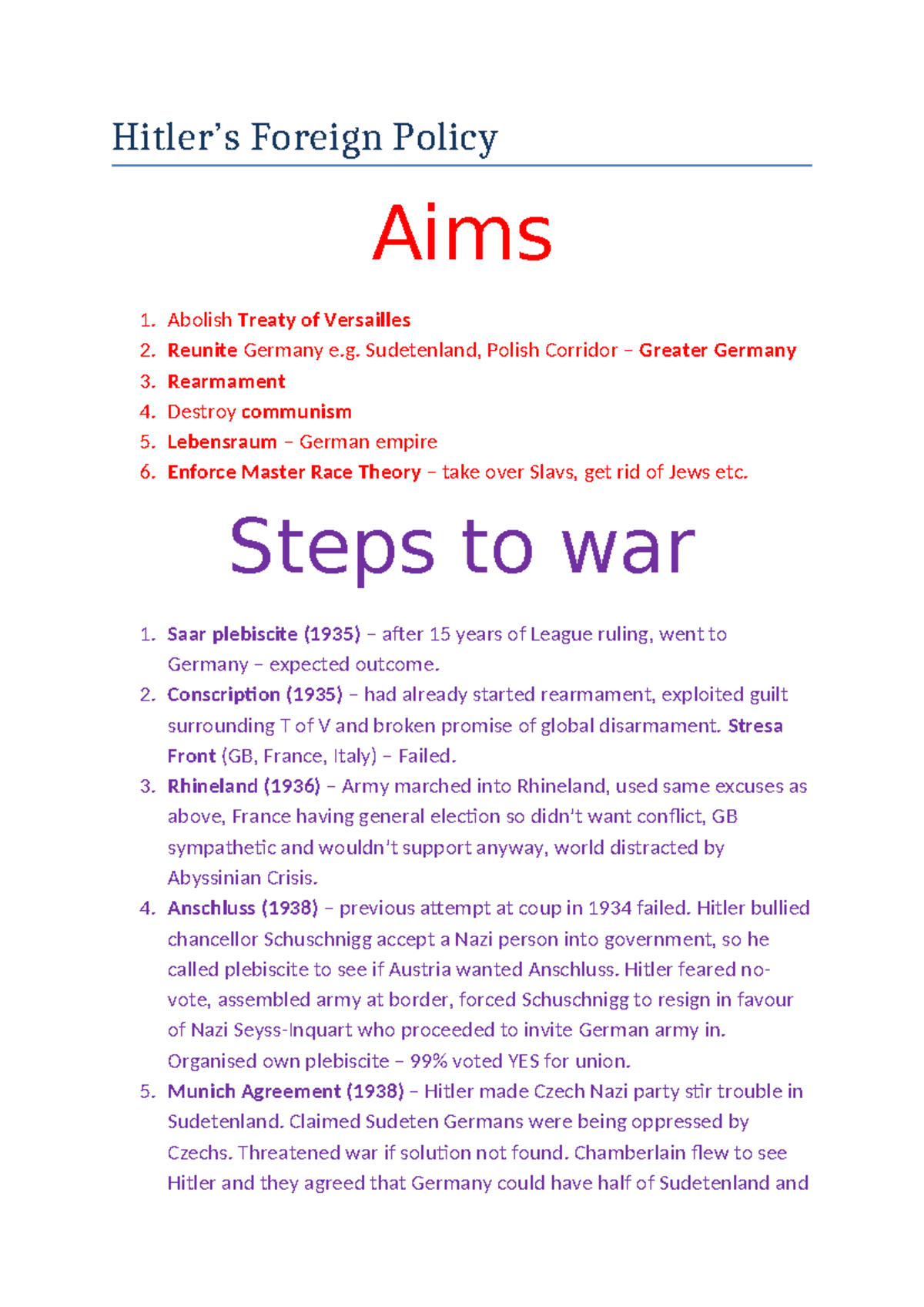 HIST101 Final Exam Notes: Hitler's Foreign Policy Overview - Studocu