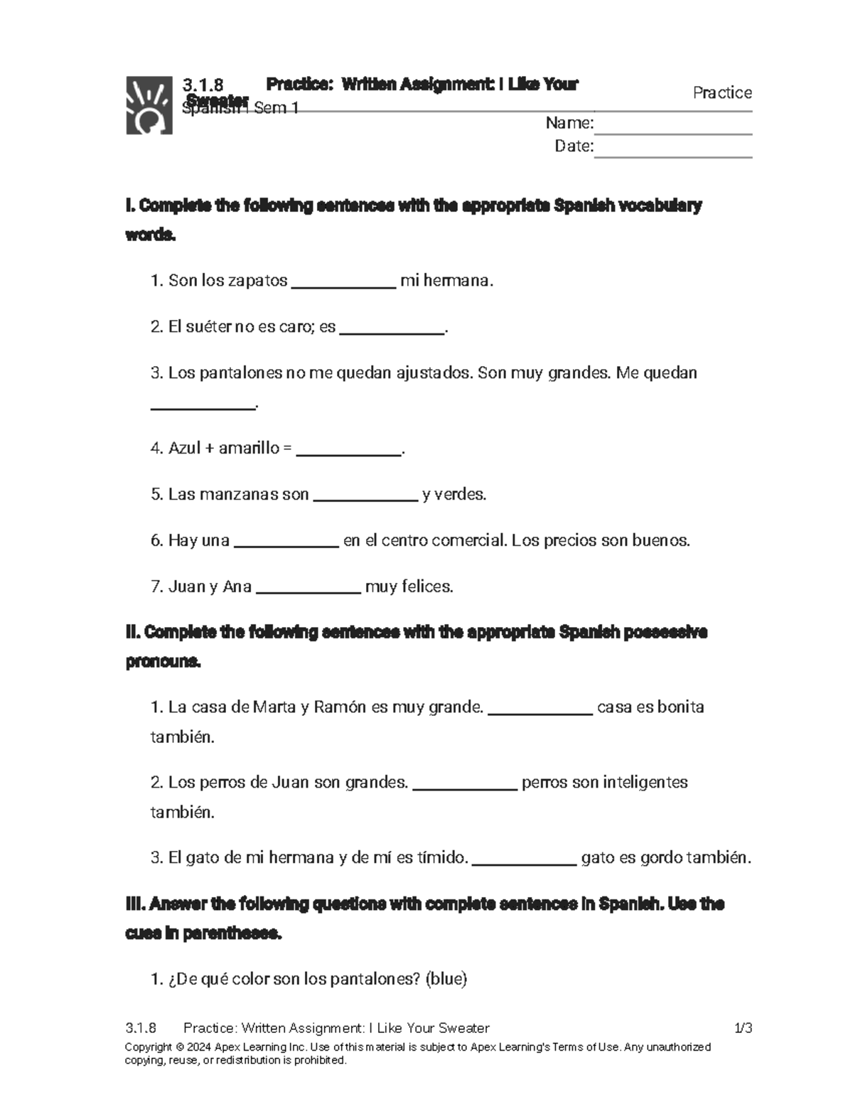 Spanish I Sem 1: Practice - Written Assignment I Like Your Sweater ...