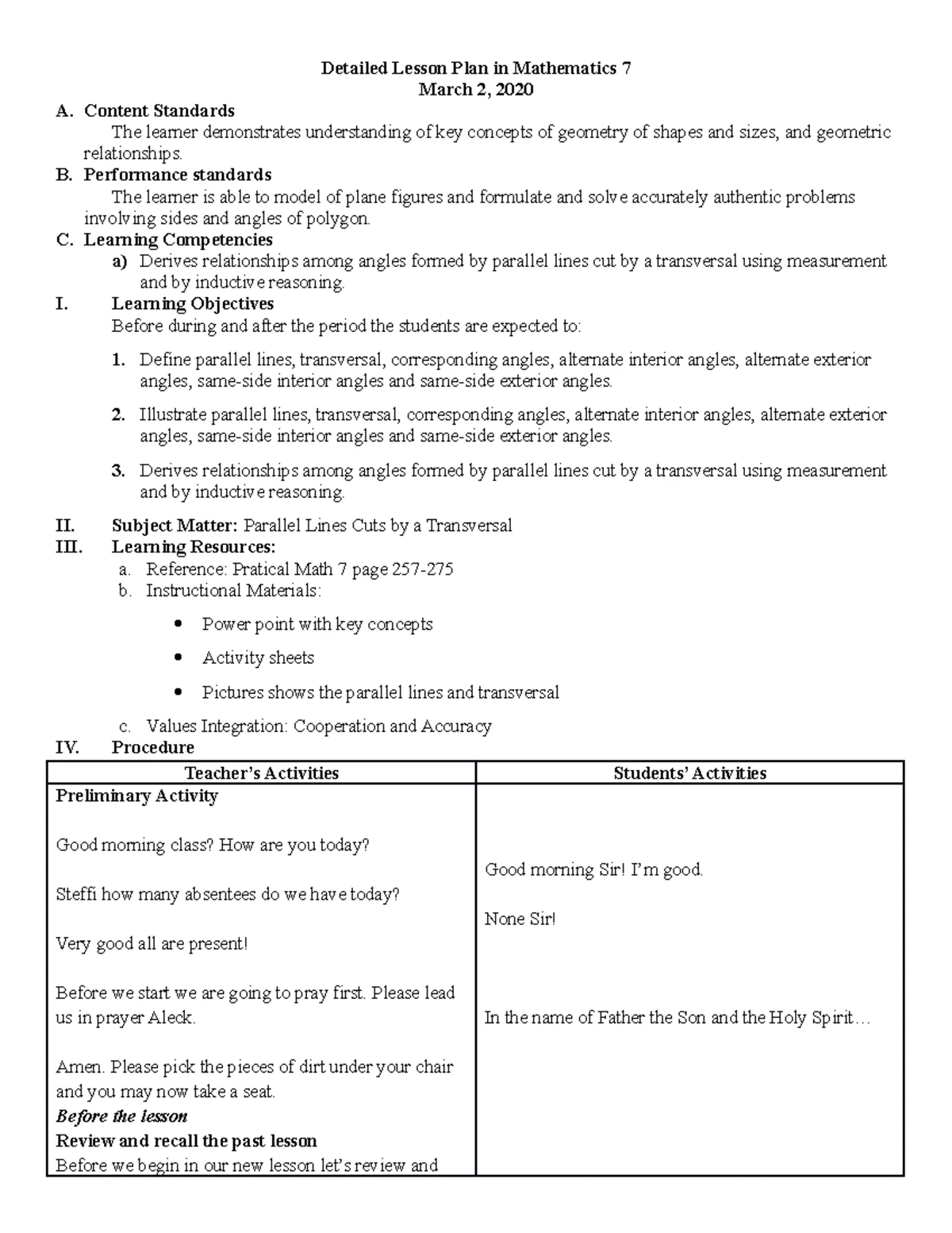 Detailed lesson plan the addition and subtraction of polynomial - DETAILED LESSON PLAN IN - Studocu
