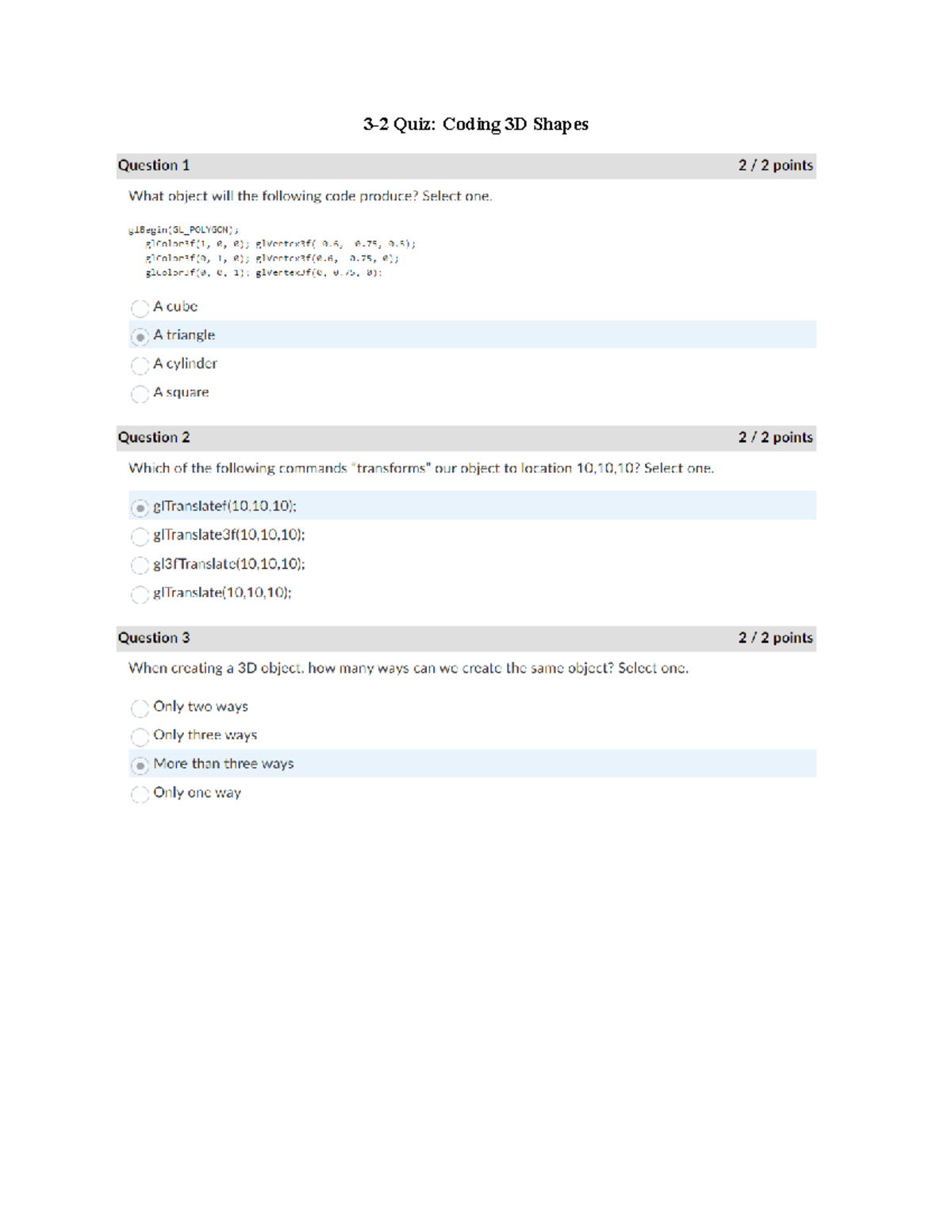 3-2Quiz - Quiz on Coding 3D shapes - CS330 - 3-2 Quiz: Coding 3D Shapes - Studocu