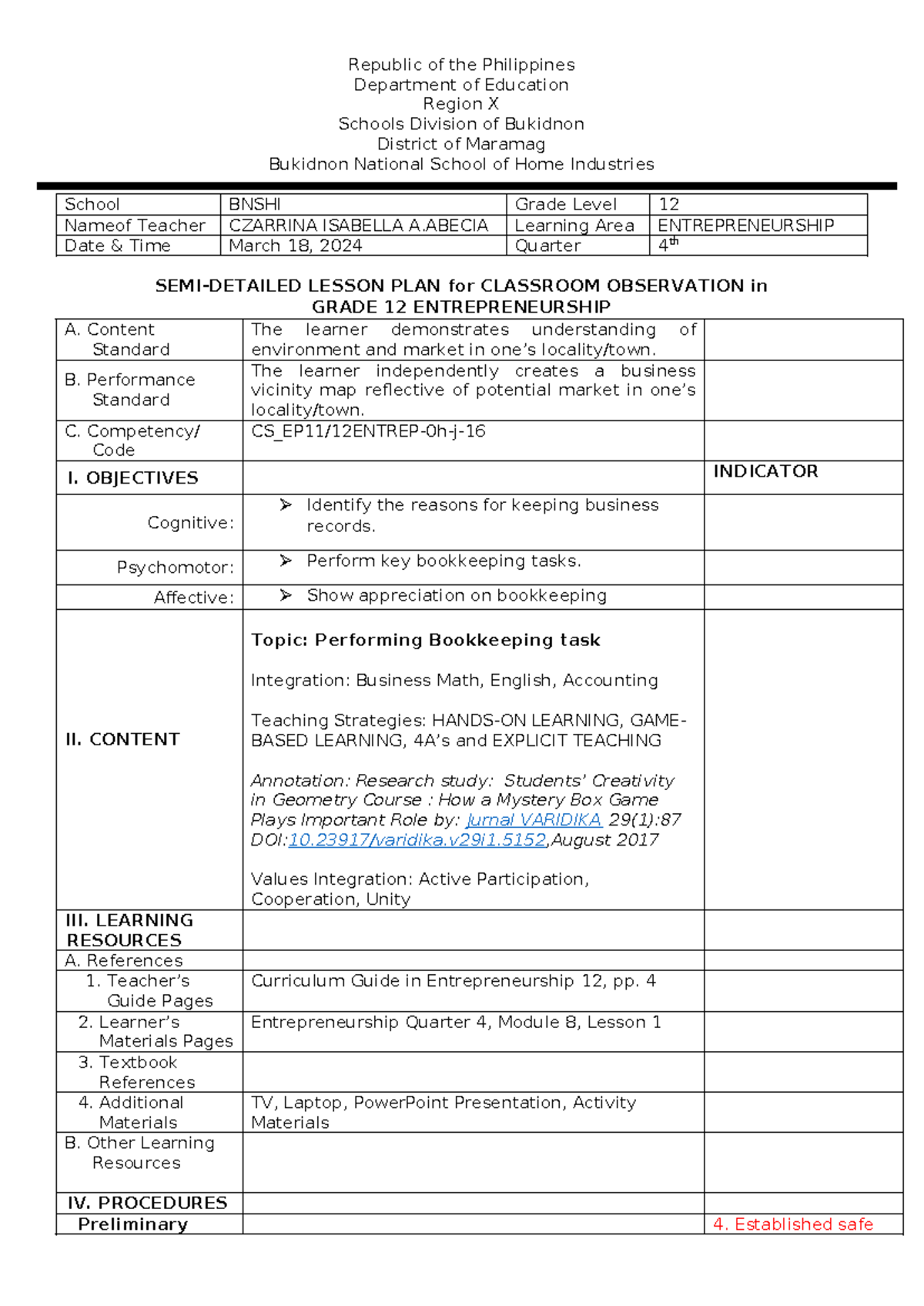 Entrep 12: Lesson Plan on Bookkeeping for Grade 12 - Studocu