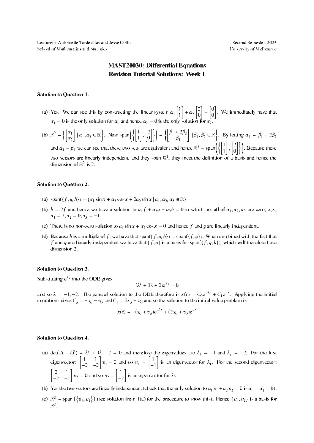 MAST 20030: Differential Equations - Week 1 Revision Tutorial Questions ...