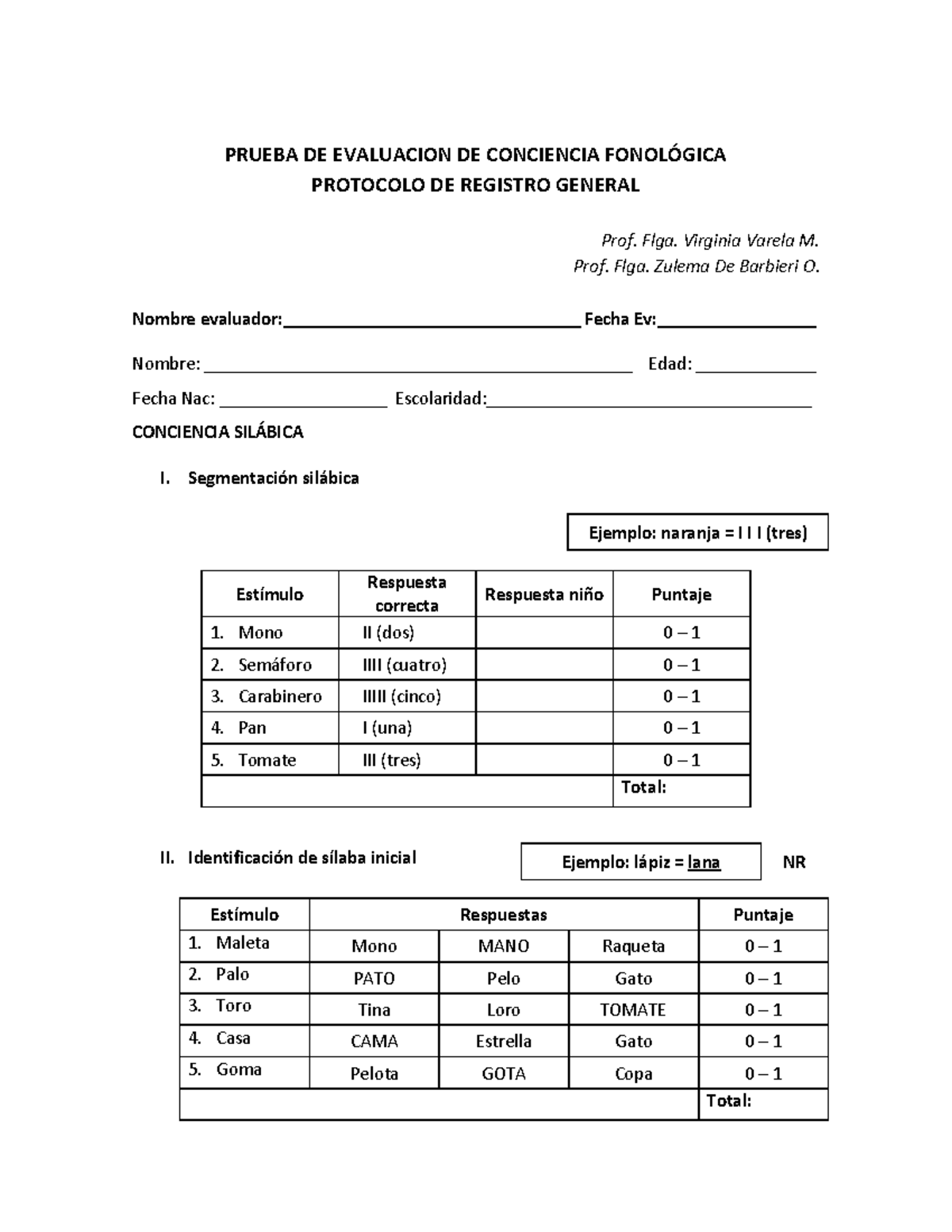 PRUEBA DE EVALUACIÓN DE CONCIENCIA FONOLÓGICA PECFO Protocolo de ...