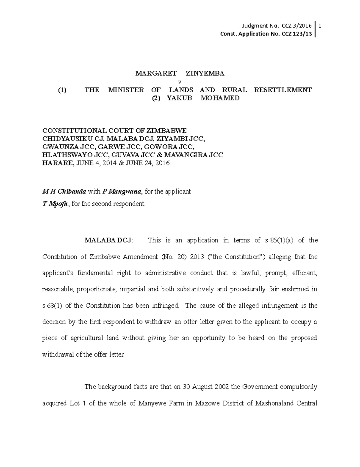 Zinyemba v minster of lands - MARGARET ZINYEMBA v (1) THE MINISTER OF ...