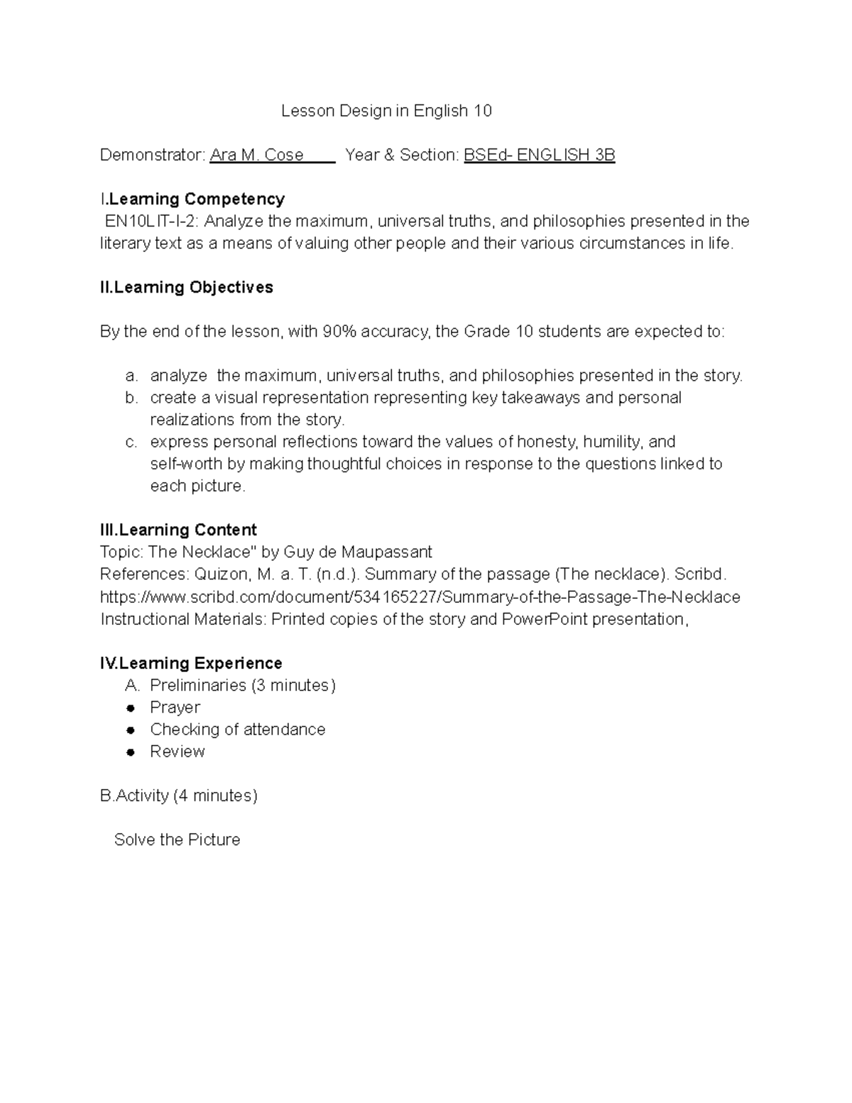 Lesson Plan for English 10: Analyzing Universal Truths in Literature ...