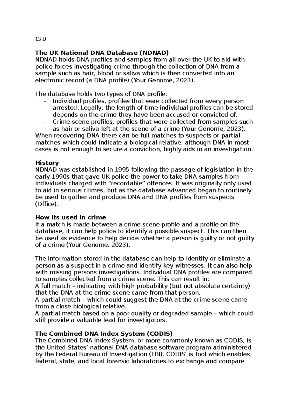 13D - The UK National DNA Database (NDNAD) and CODIS Overview - Studocu