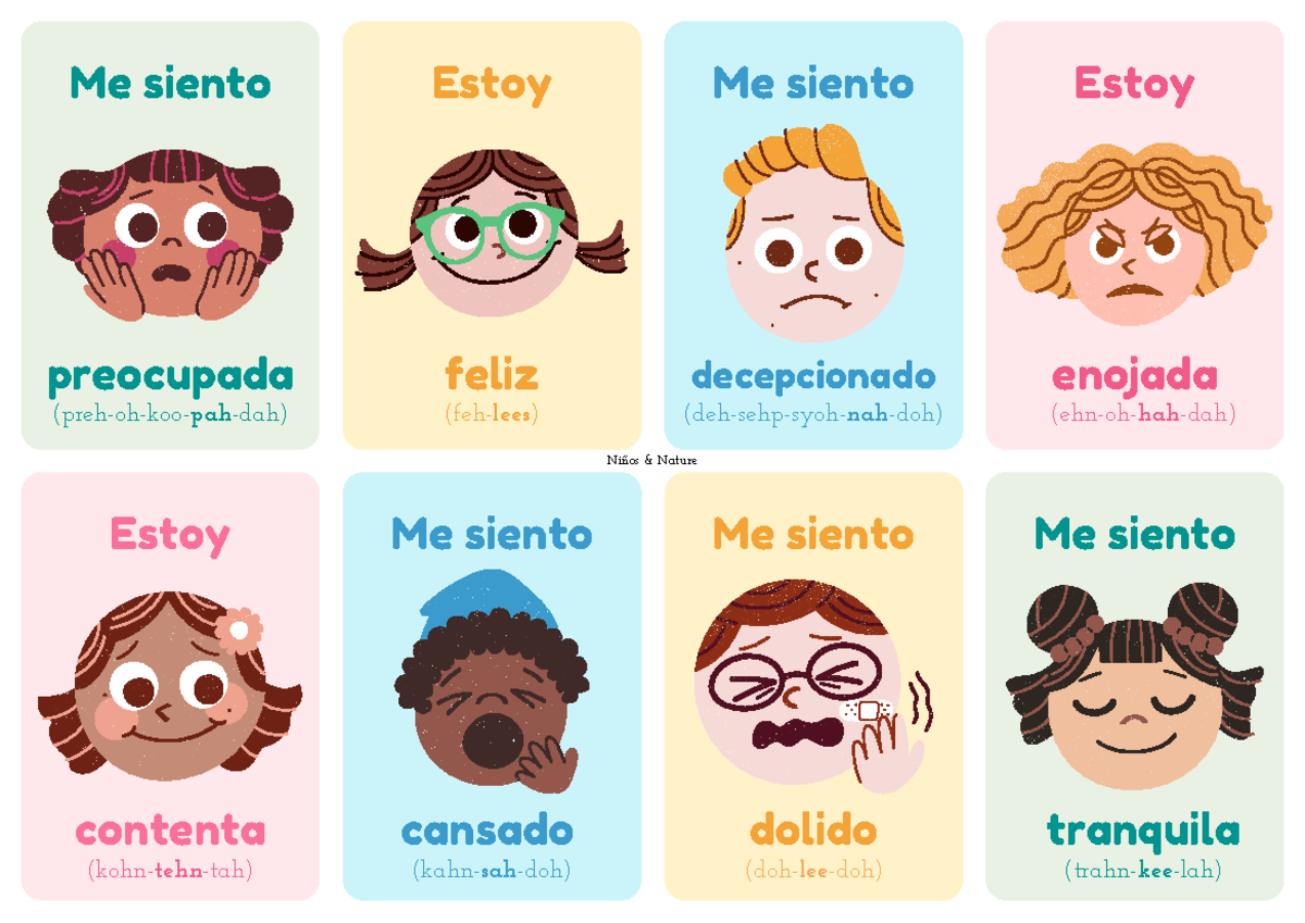 Spanish Emotions Flashcards Pronunciation - preocupada Me siento ...